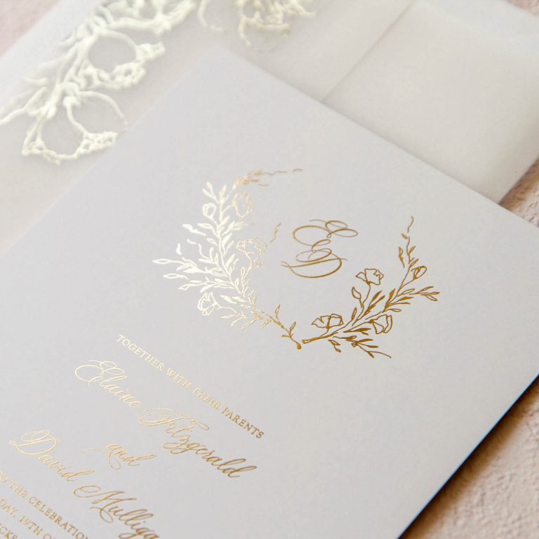 Gold foil vellum wrap invitation with delicate flowers | Wedding ...