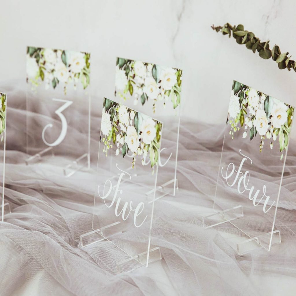 Greenery, white and gold floral watercolour acrylic table cards ...